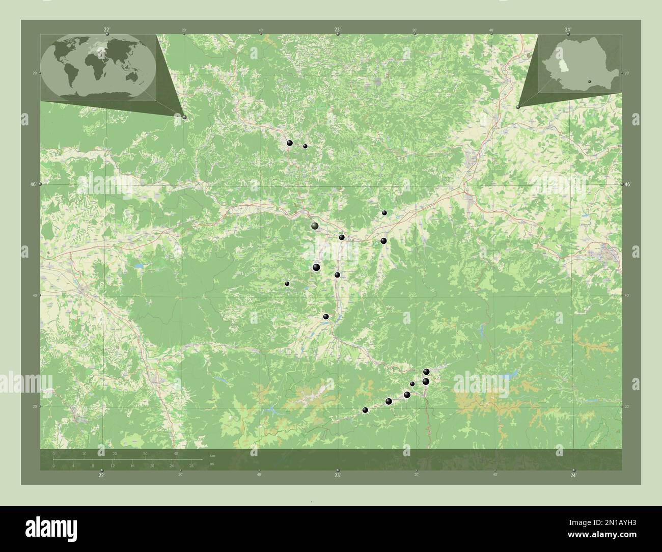 Hunedoara, county of Romania. Open Street Map. Locations of major ...
