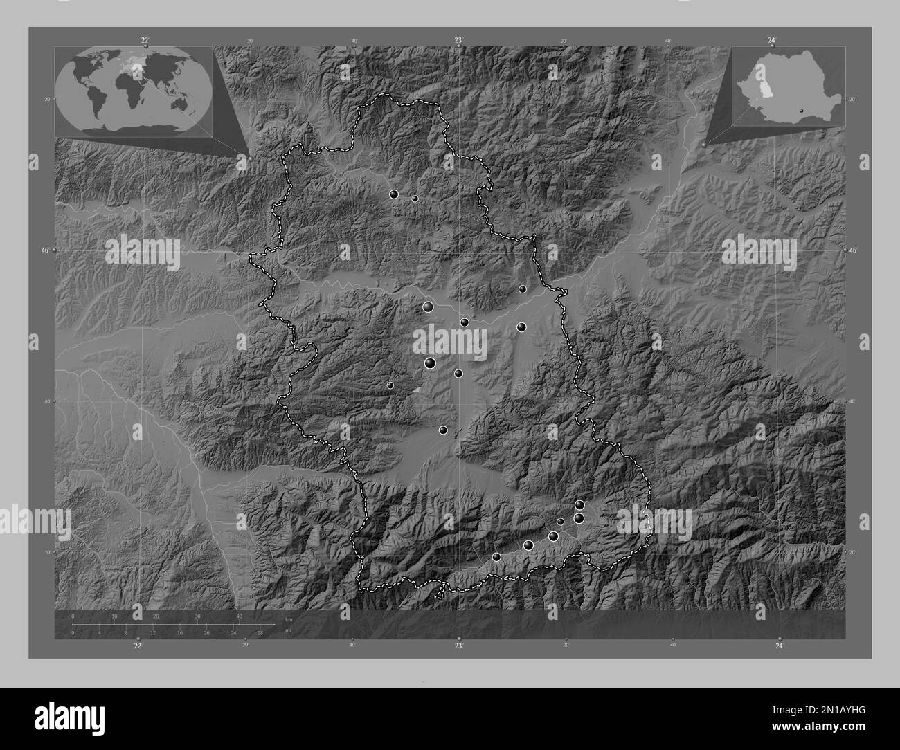 Hunedoara, county of Romania. Grayscale elevation map with lakes and ...
