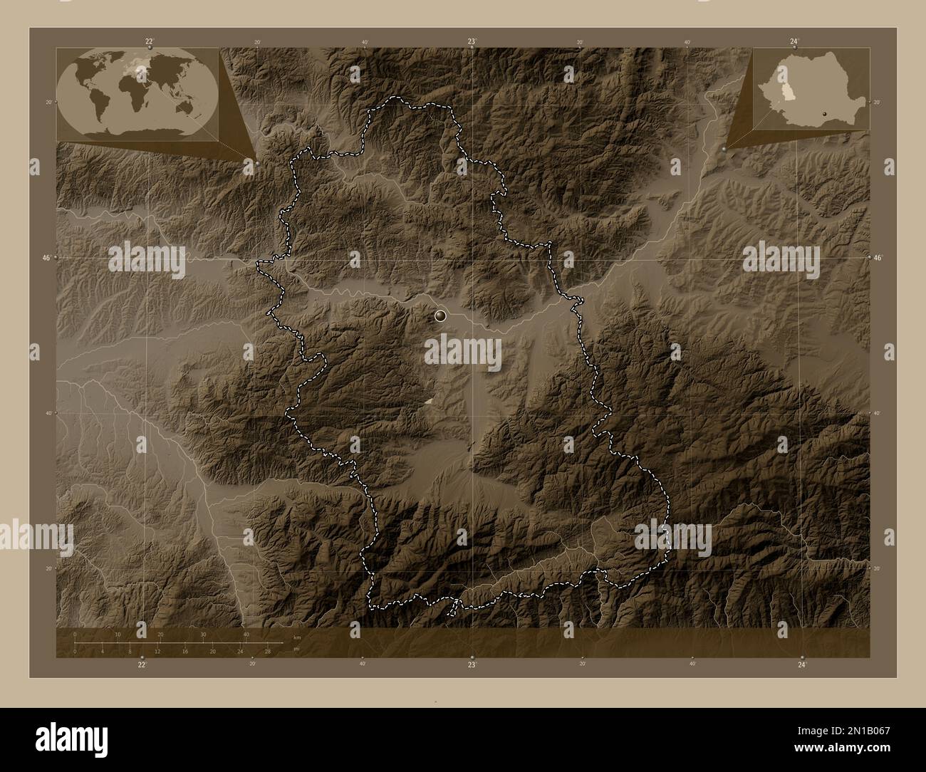 Hunedoara, county of Romania. Elevation map colored in sepia tones with ...