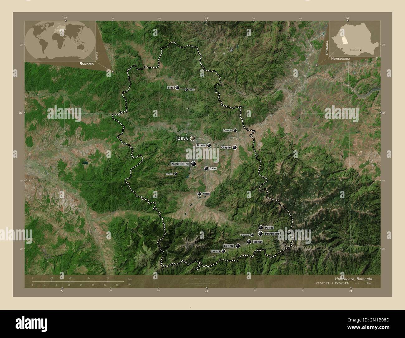 Hunedoara, county of Romania. High resolution satellite map. Locations ...