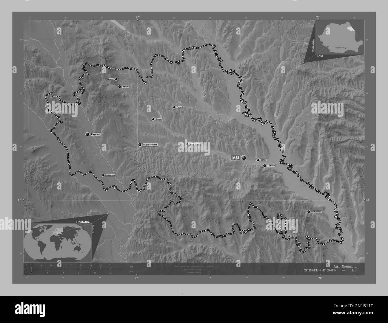 Iasi, county of Romania. Grayscale elevation map with lakes and rivers ...