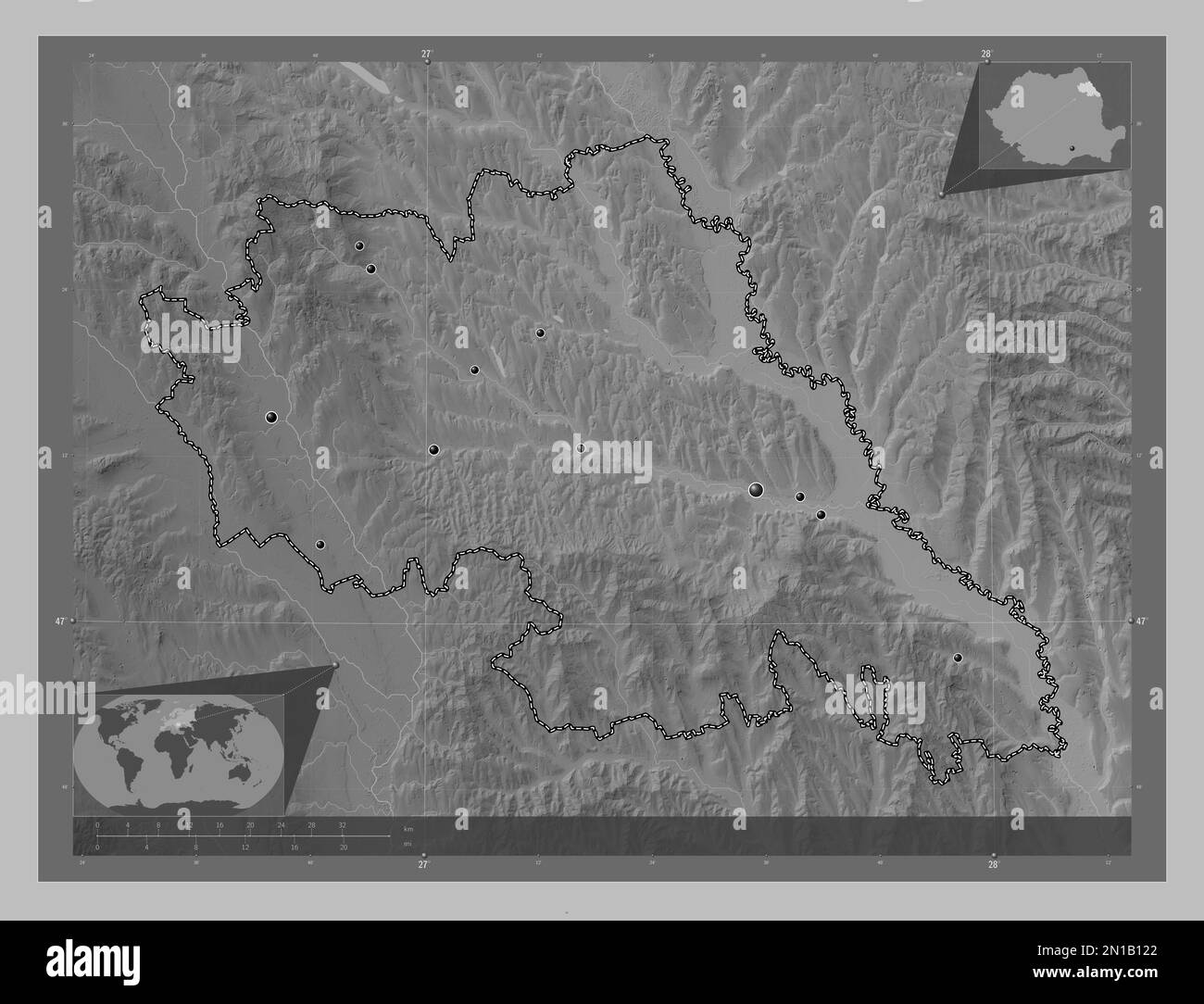 Iasi, county of Romania. Grayscale elevation map with lakes and rivers ...