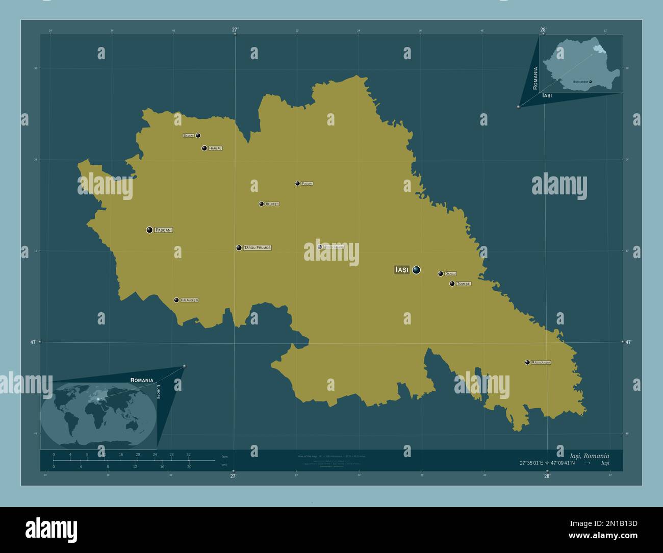 Iasi, county of Romania. Solid color shape. Locations and names of ...