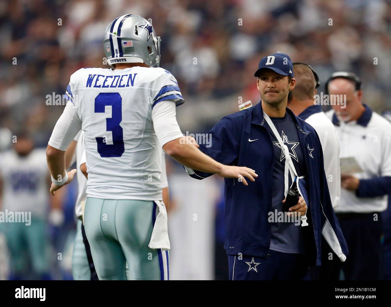 Dallas Cowboys quarterback Brandon Weeden (3) is greeted on the ...