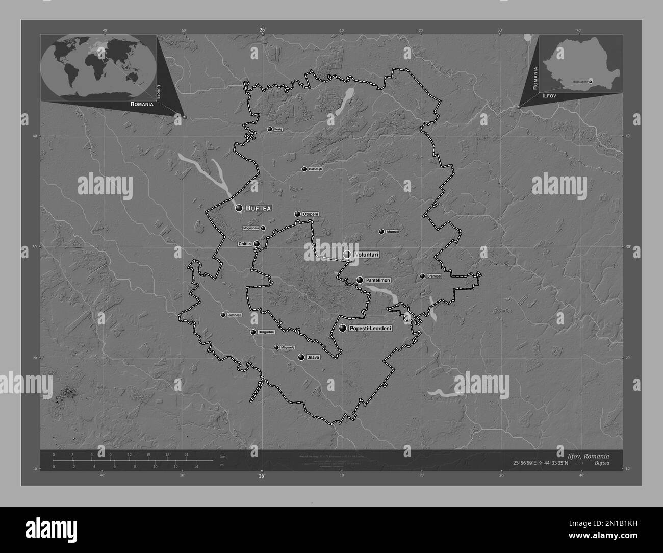 Ilfov, county of Romania. Bilevel elevation map with lakes and rivers ...