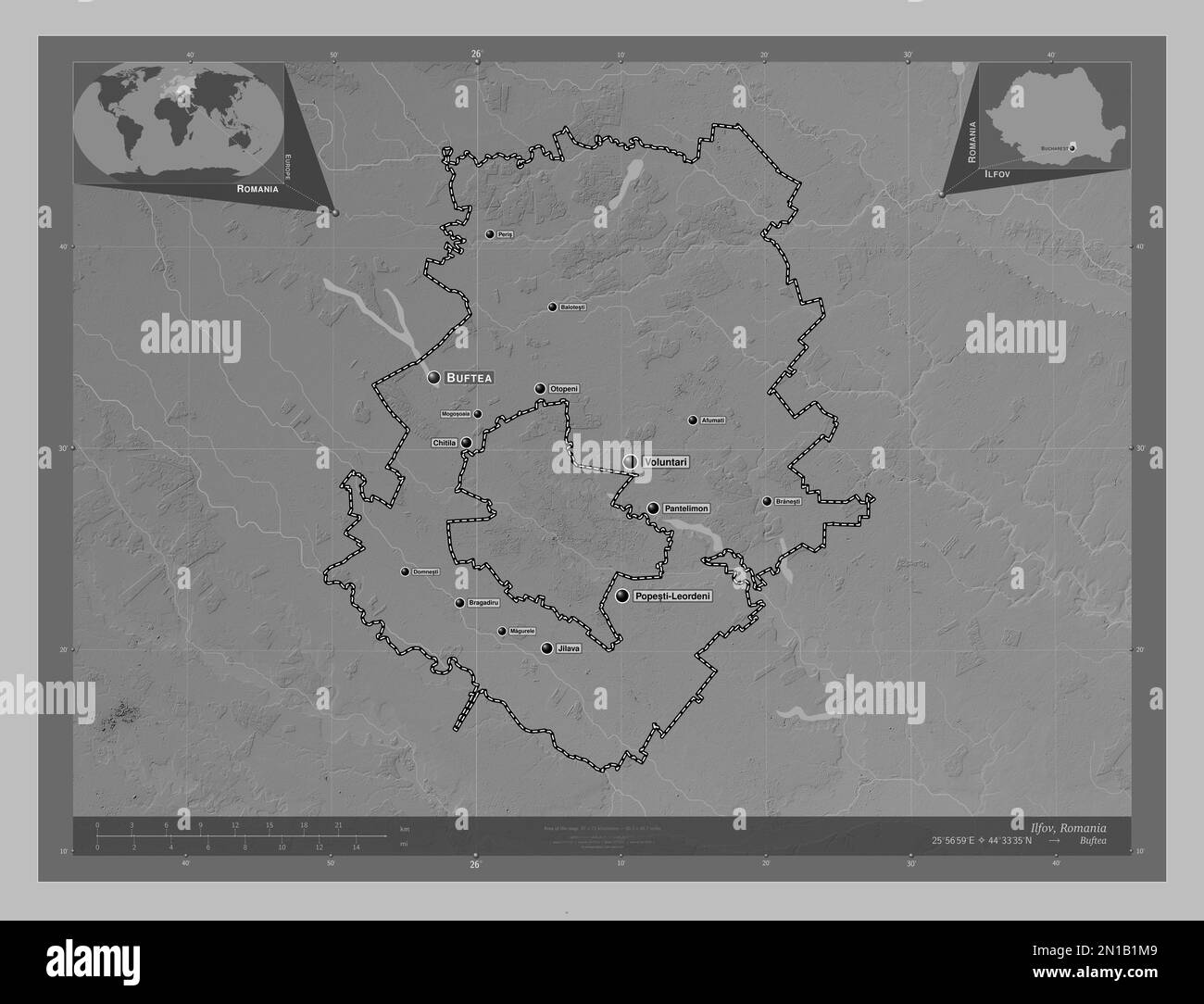 Ilfov County Of Romania Grayscale Elevation Map With Lakes And Rivers Locations And Names Of
