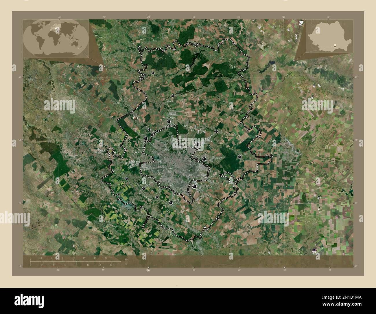 Ilfov, county of Romania. High resolution satellite map. Locations of ...
