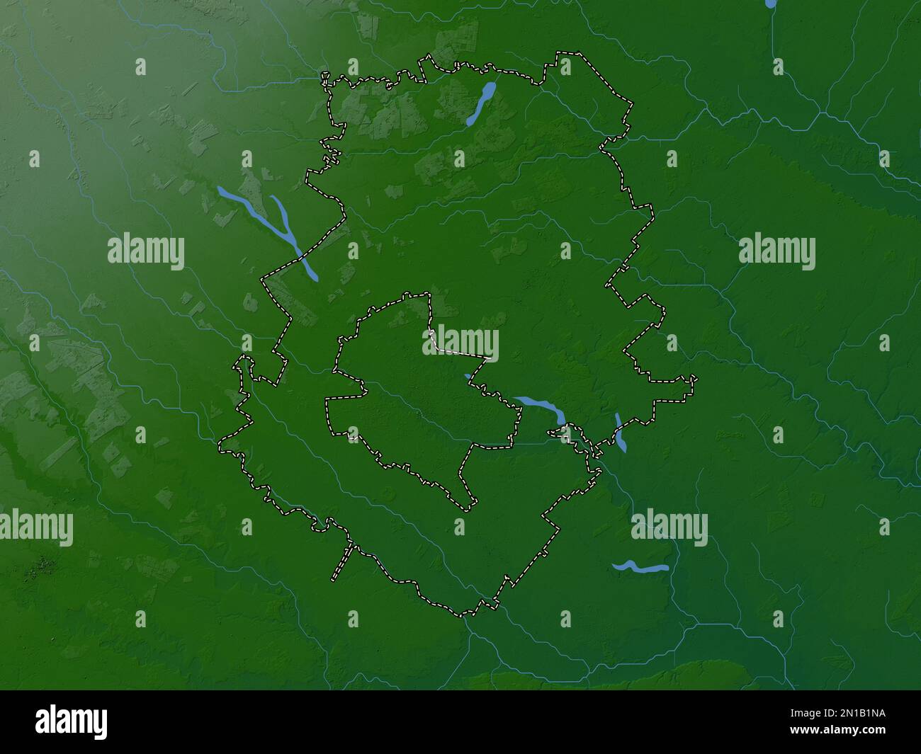 Ilfov, county of Romania. Colored elevation map with lakes and rivers ...