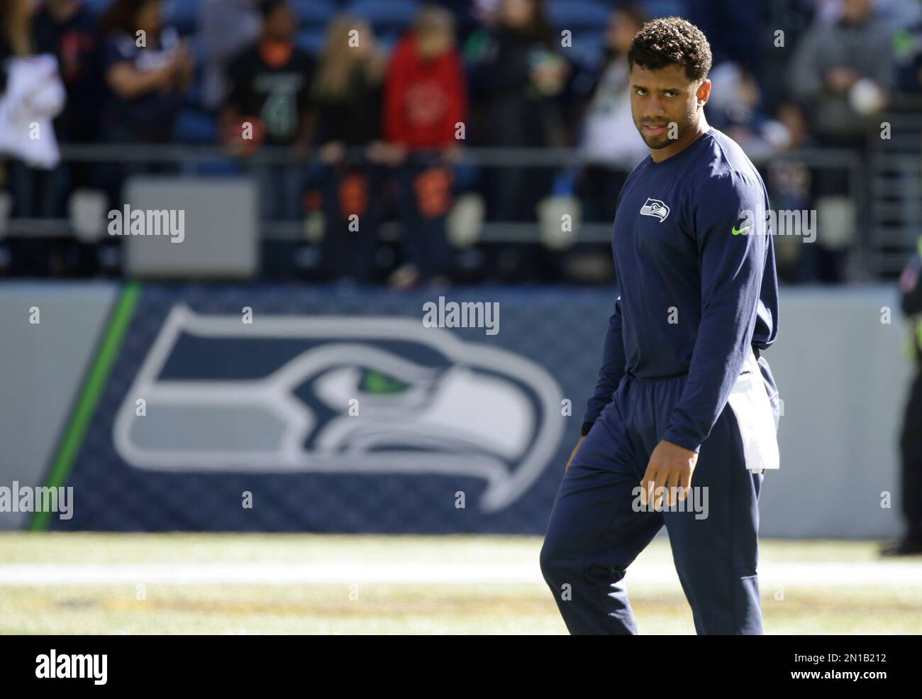Seattle Seahawks quarterback Russell Wilson stands on the field during ...
