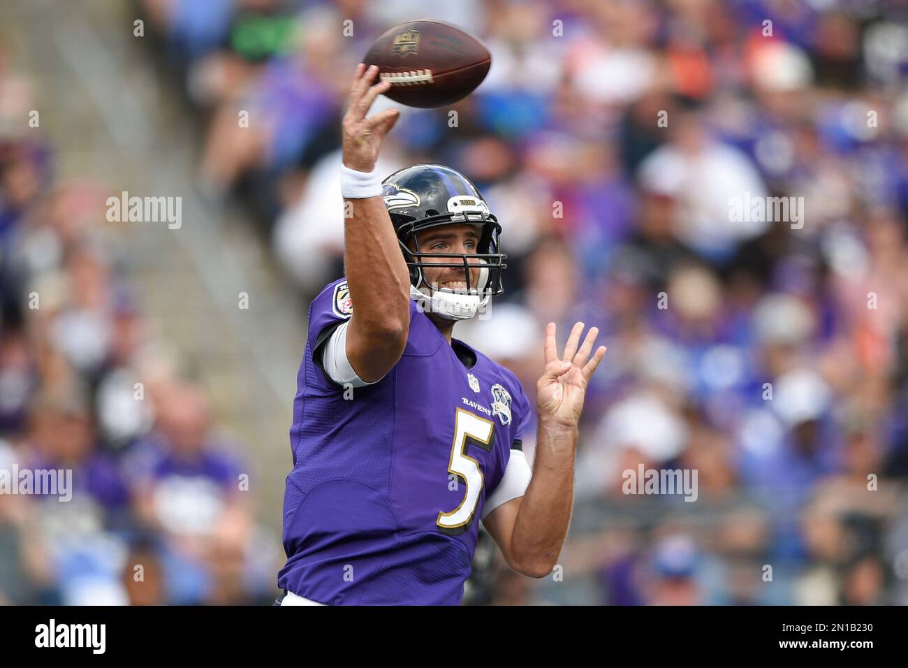 Baltimore Ravens quarterback Joe Flacco (5) passes the ball during the ...