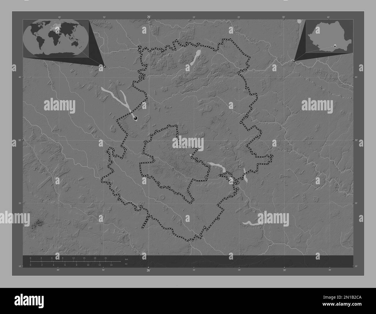 Ilfov, county of Romania. Bilevel elevation map with lakes and rivers ...