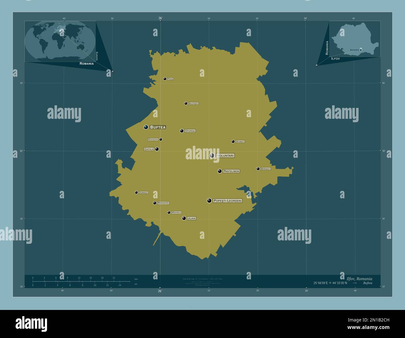 Ilfov, county of Romania. Solid color shape. Locations and names of ...