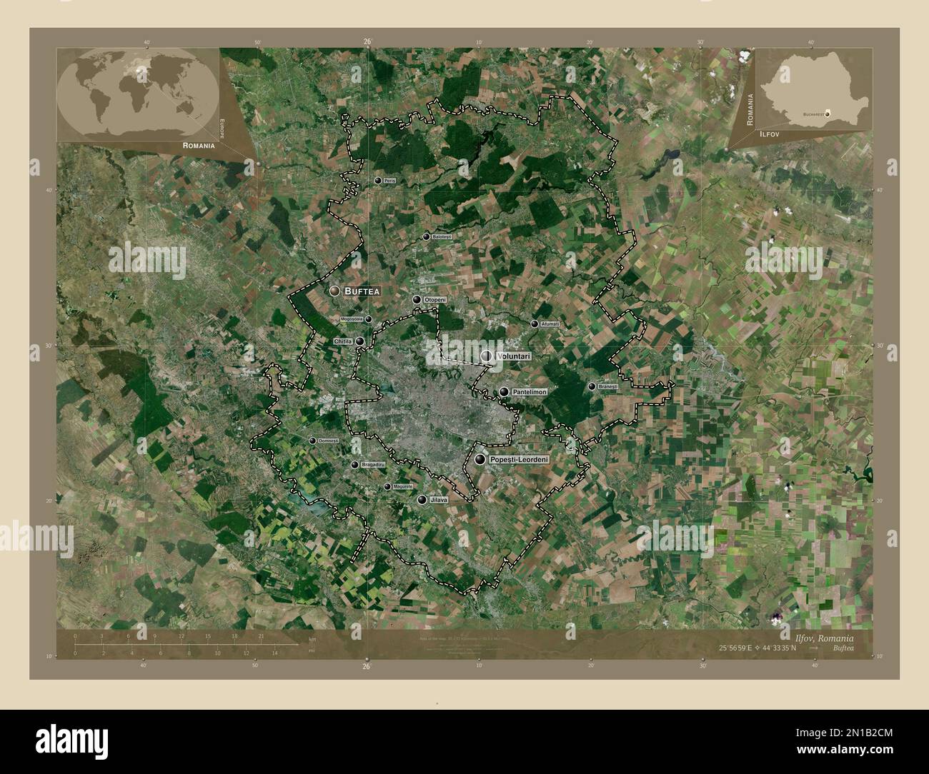 Ilfov, county of Romania. High resolution satellite map. Locations and ...