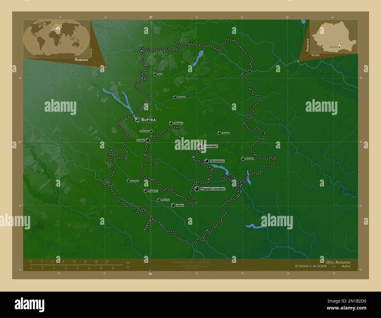 Ilfov, county of Romania. Colored elevation map with lakes and rivers ...