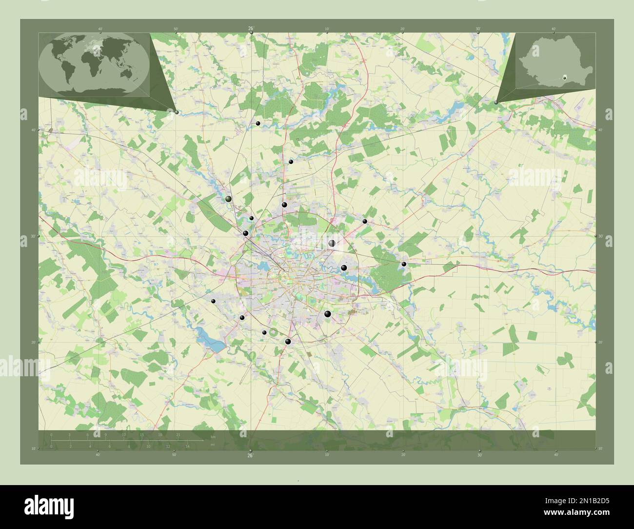 Ilfov, county of Romania. Open Street Map. Locations of major cities of ...