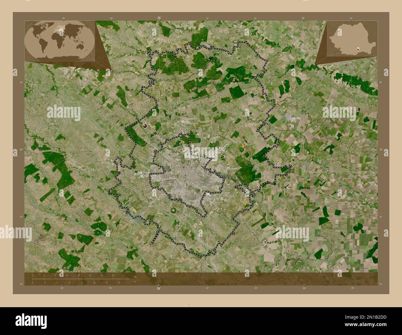 Ilfov, county of Romania. Low resolution satellite map. Corner ...