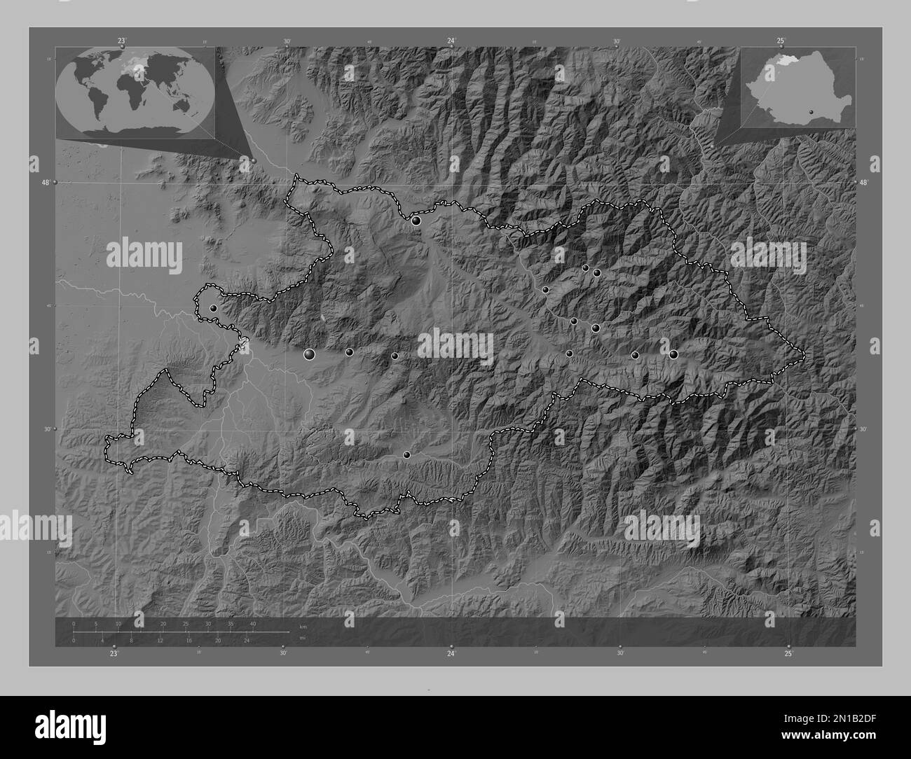 Maramures, county of Romania. Grayscale elevation map with lakes and ...