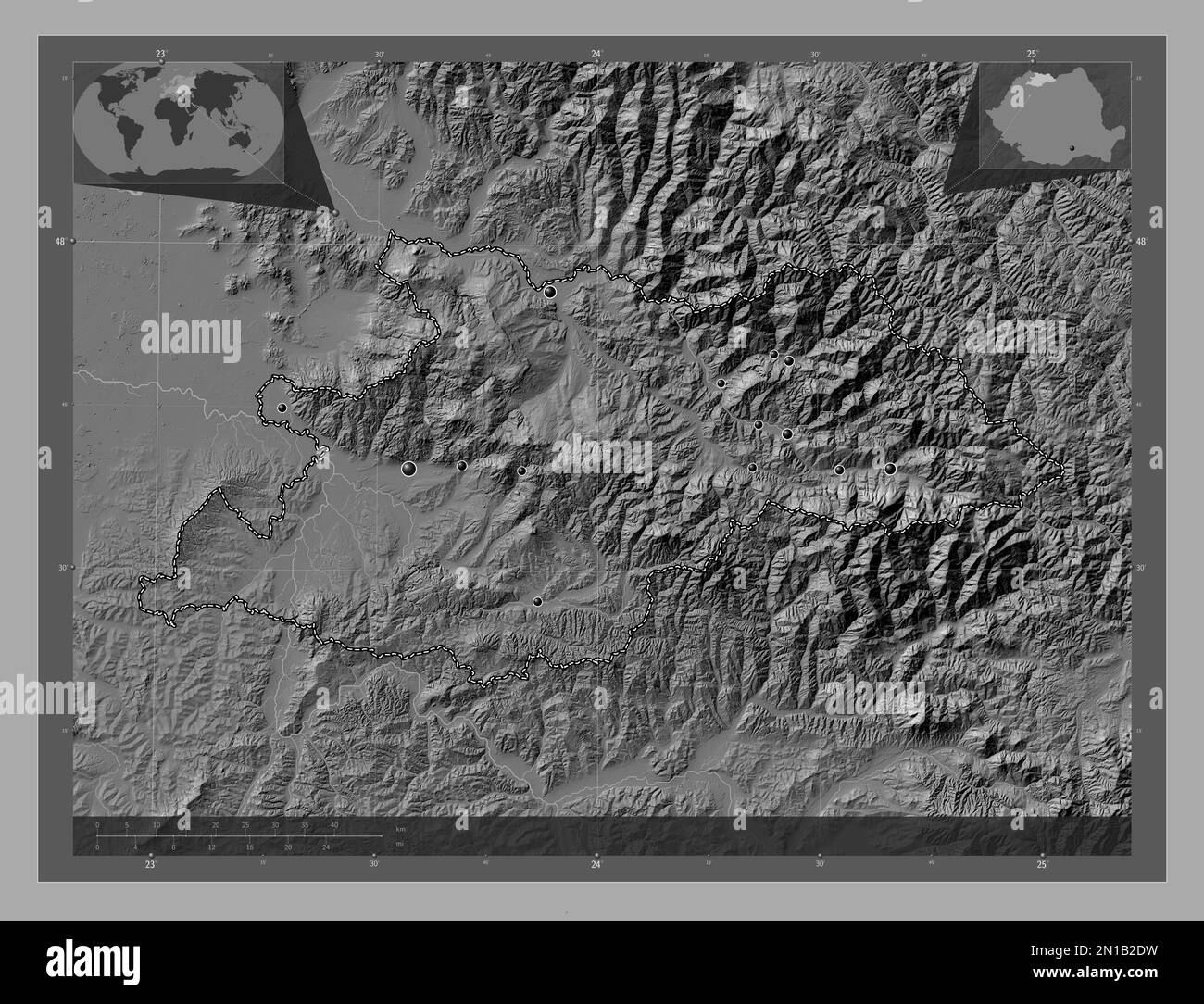 Maramures, county of Romania. Bilevel elevation map with lakes and ...