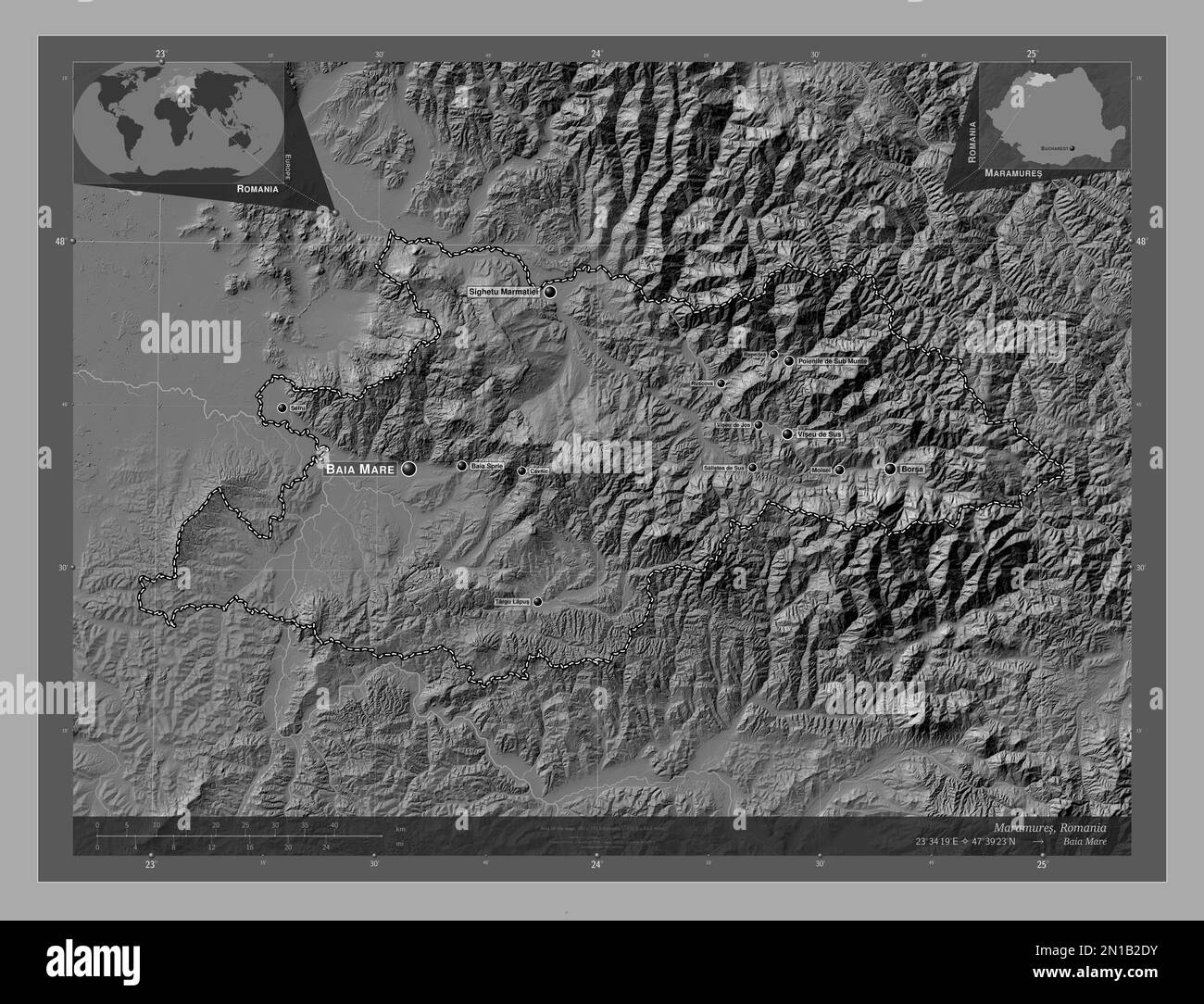Maramures, county of Romania. Bilevel elevation map with lakes and ...