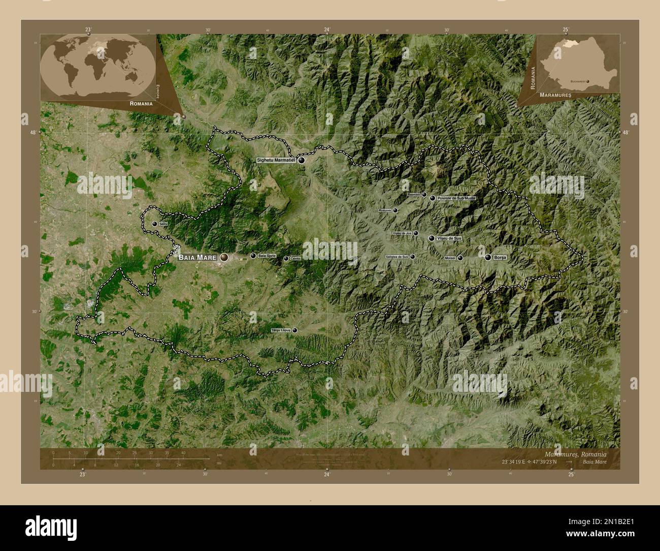 Maramures, county of Romania. Low resolution satellite map. Locations ...