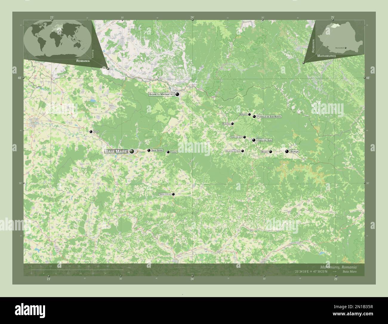 Maramures, county of Romania. Open Street Map. Locations and names of ...