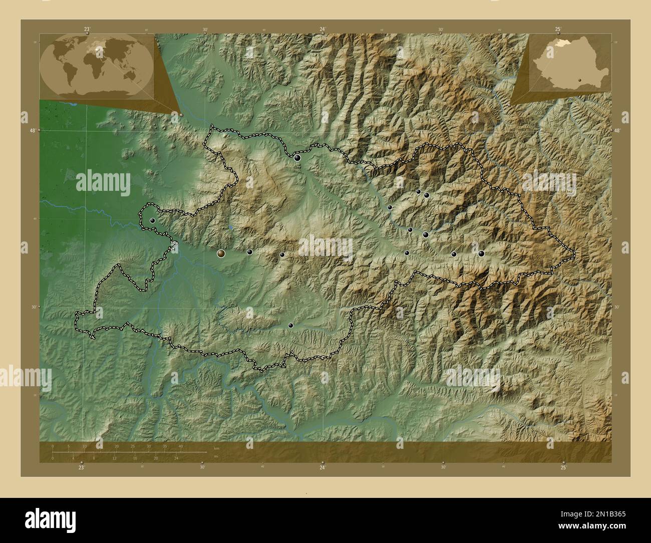 Maramures, county of Romania. Colored elevation map with lakes and ...