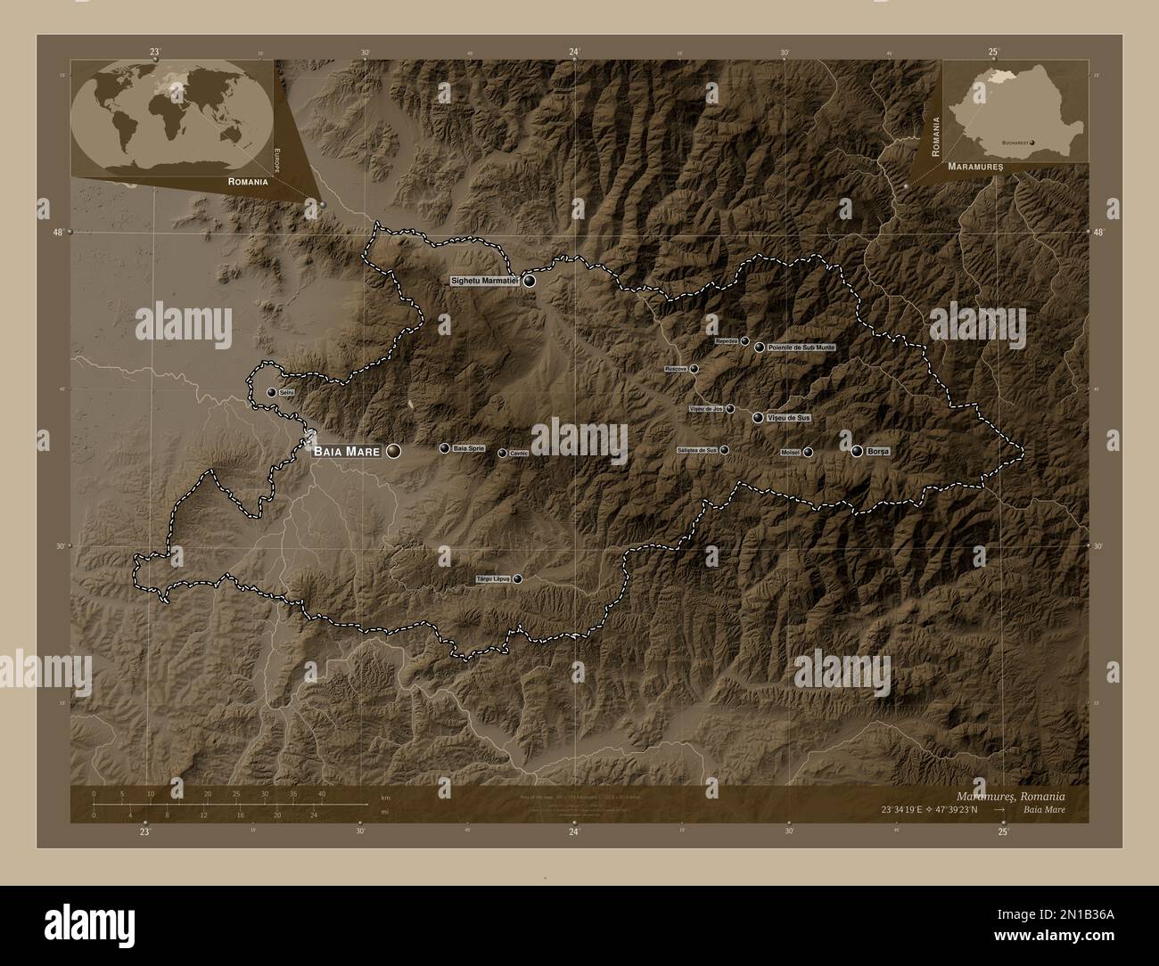 Maramures, county of Romania. Elevation map colored in sepia tones with ...