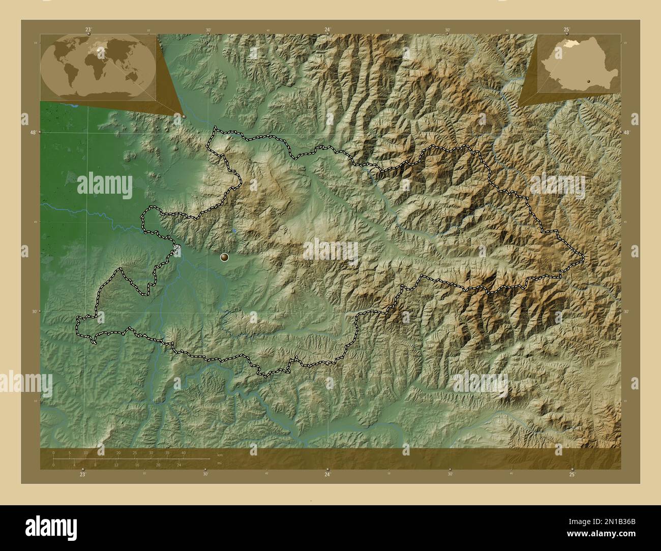 Maramures, county of Romania. Colored elevation map with lakes and ...