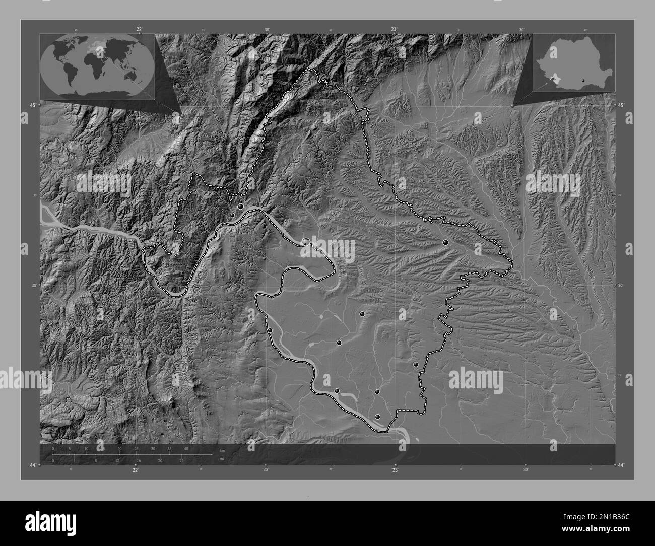 Mehedinti, county of Romania. Bilevel elevation map with lakes and ...
