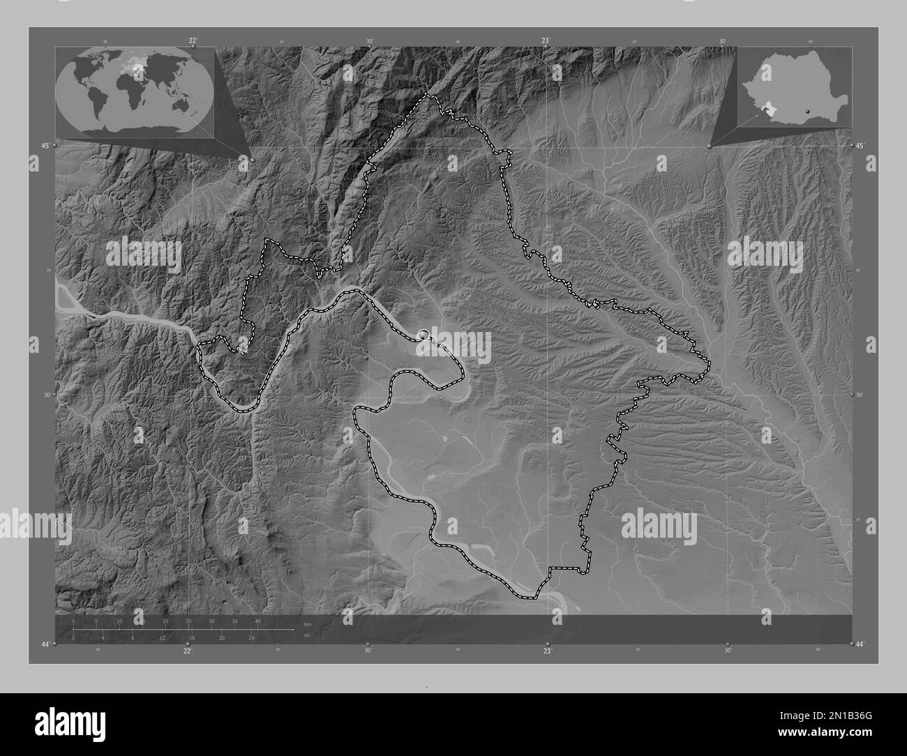 Mehedinti, county of Romania. Grayscale elevation map with lakes and ...