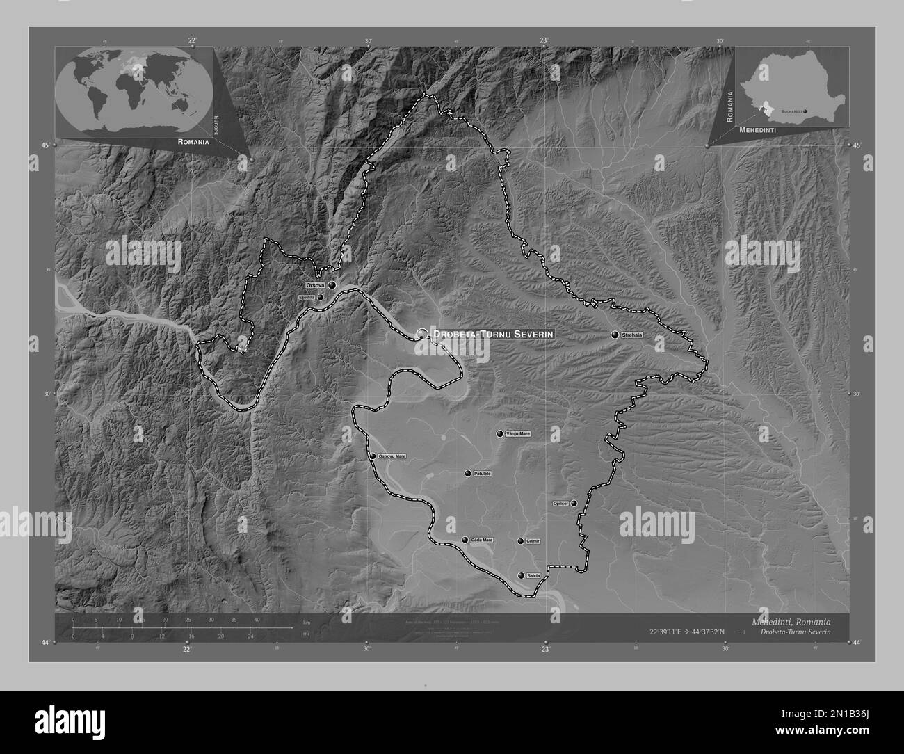 Mehedinti, county of Romania. Grayscale elevation map with lakes and ...