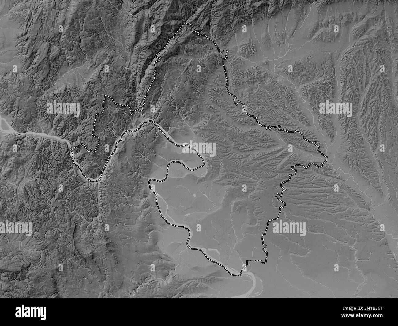 Mehedinti, county of Romania. Grayscale elevation map with lakes and ...