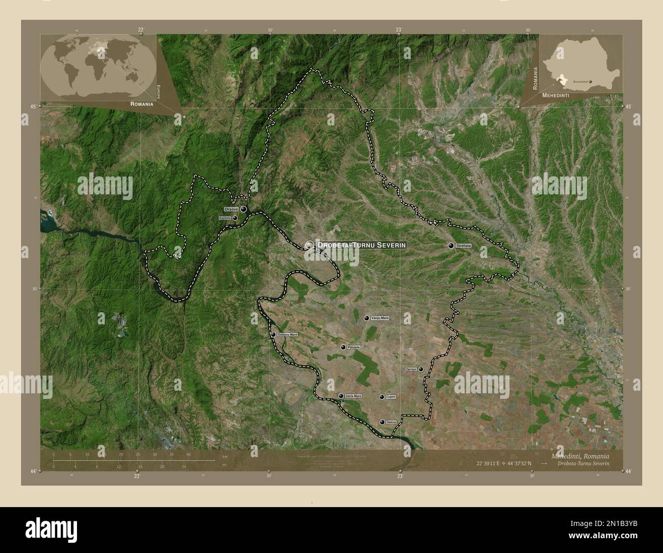Mehedinti, county of Romania. High resolution satellite map. Locations ...