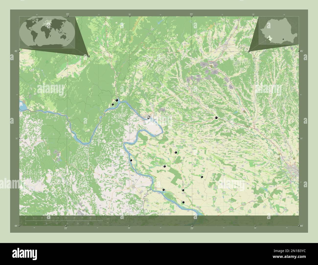 Mehedinti, county of Romania. Open Street Map. Locations of major ...