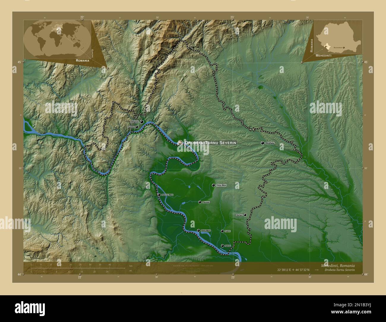 Mehedinti, county of Romania. Colored elevation map with lakes and ...