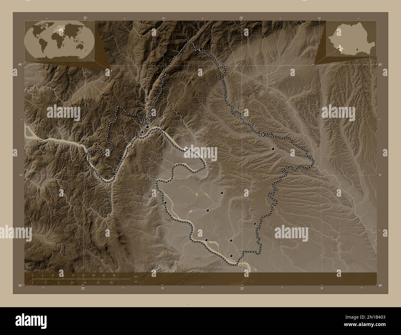 Mehedinti, county of Romania. Elevation map colored in sepia tones with ...