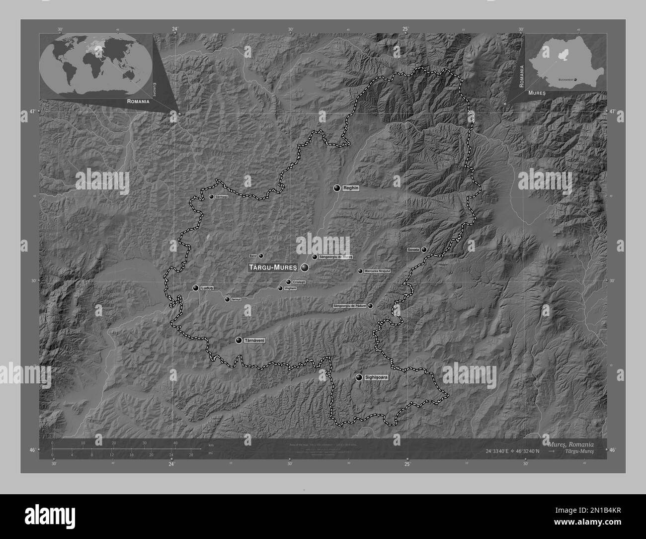 Mures, county of Romania. Grayscale elevation map with lakes and rivers ...