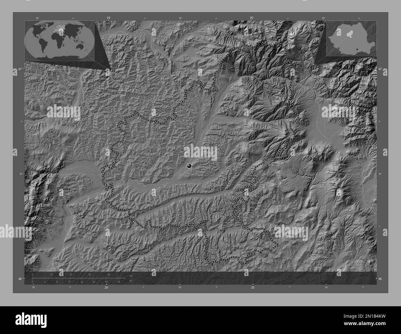 Mures, county of Romania. Bilevel elevation map with lakes and rivers ...