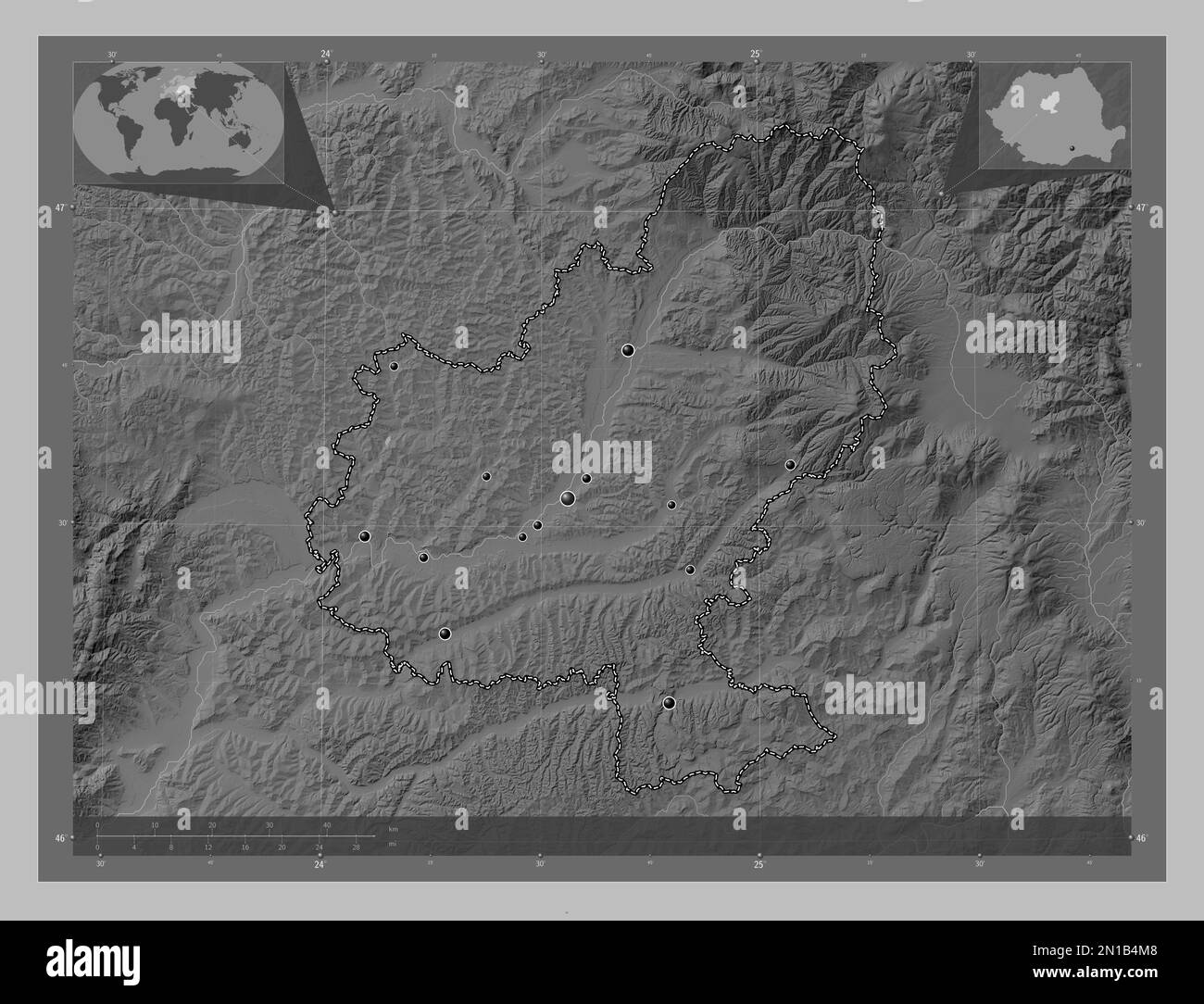 Mures, county of Romania. Grayscale elevation map with lakes and rivers ...