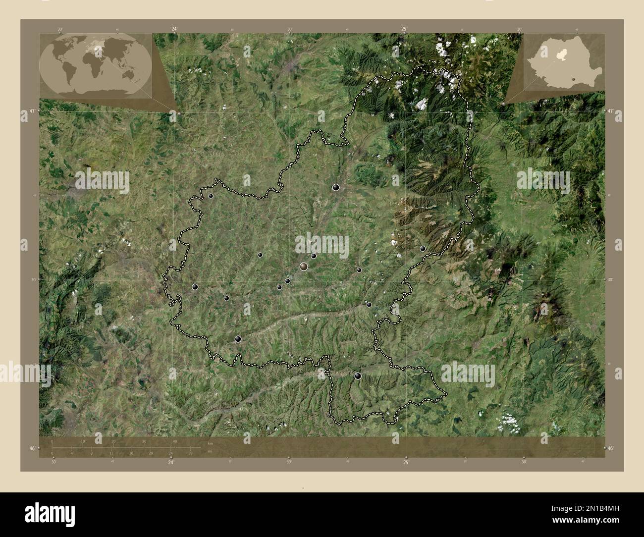 Mures, county of Romania. High resolution satellite map. Locations of ...