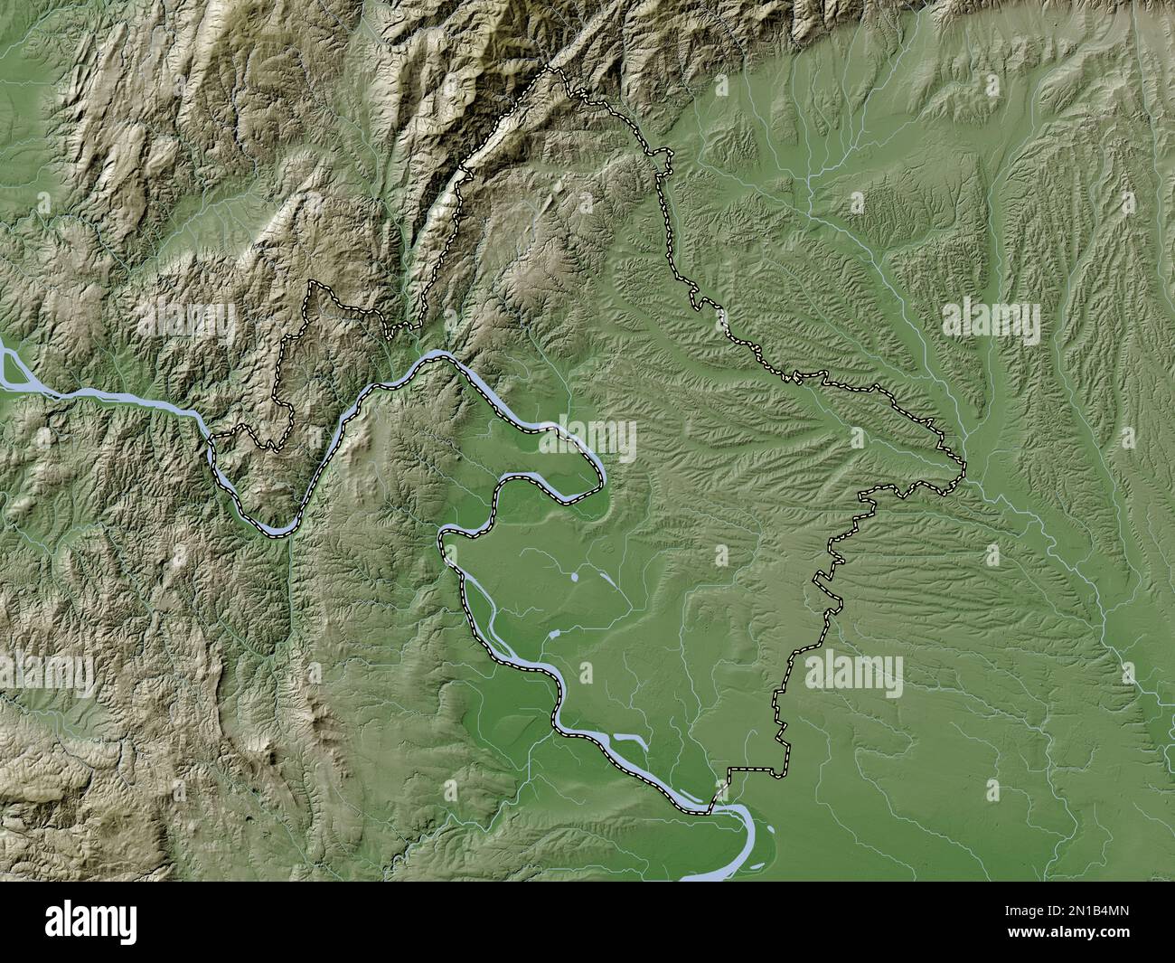 Mehedinti, county of Romania. Elevation map colored in wiki style with ...