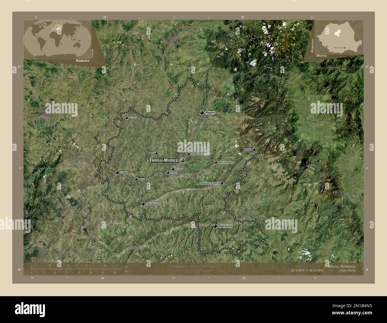 Mures, county of Romania. High resolution satellite map. Locations and ...