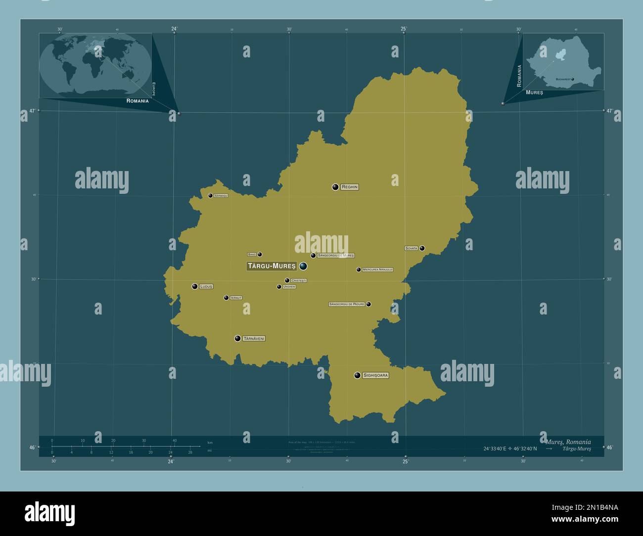 Mures, county of Romania. Solid color shape. Locations and names of ...