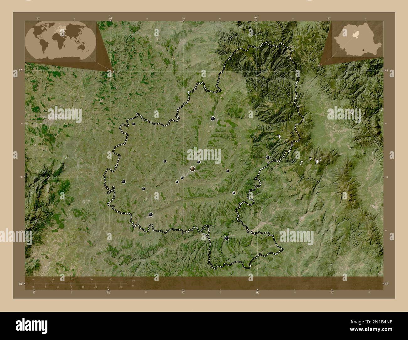 Mures, county of Romania. Low resolution satellite map. Locations of major cities of the region ...