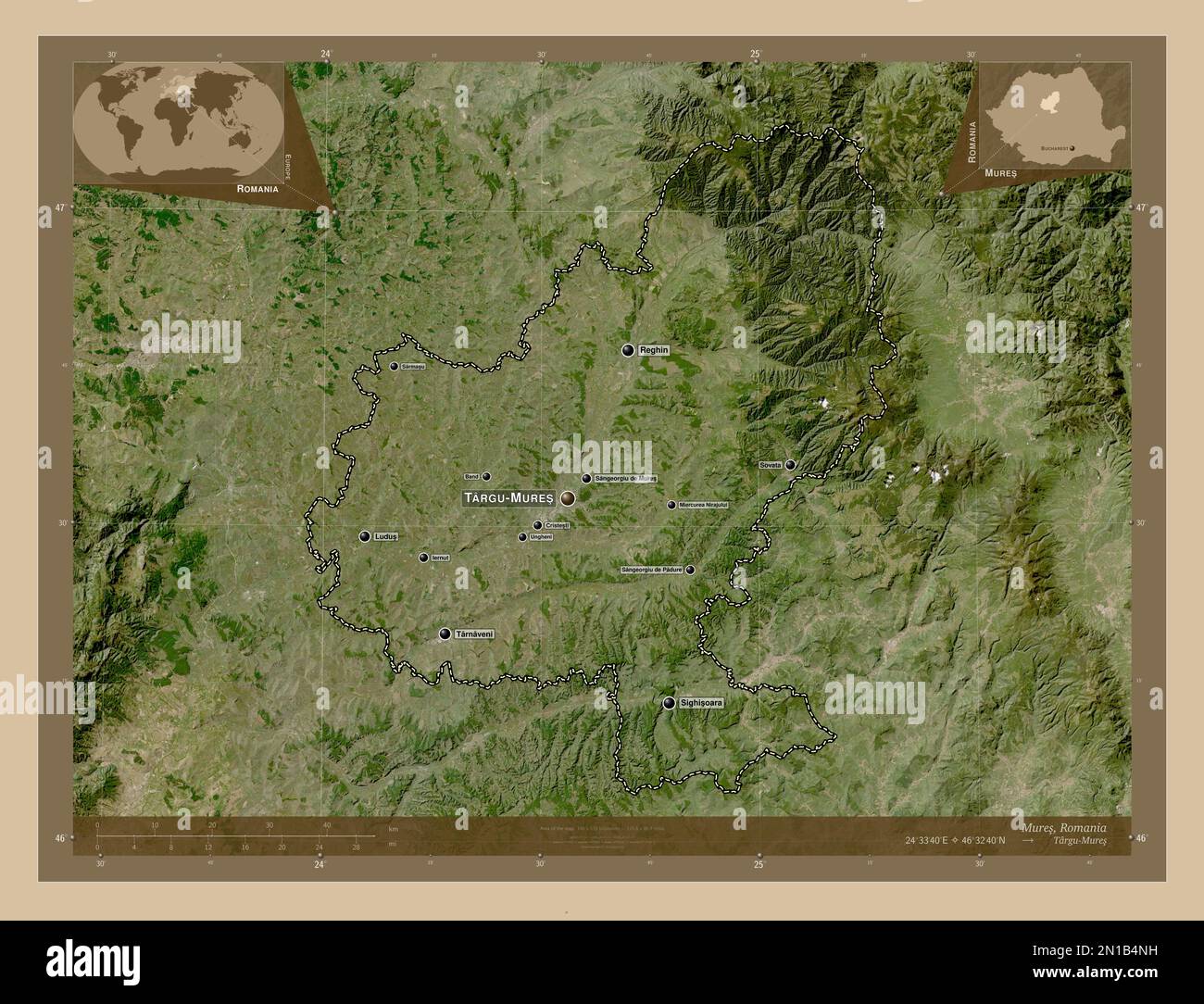 Mures, county of Romania. Low resolution satellite map. Locations and ...