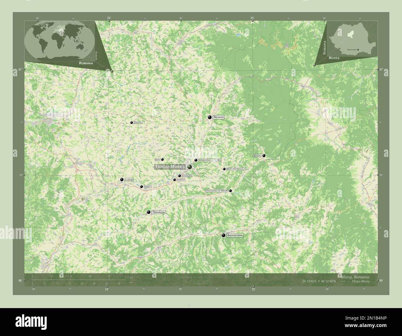 Mures, county of Romania. Open Street Map. Locations and names of major ...