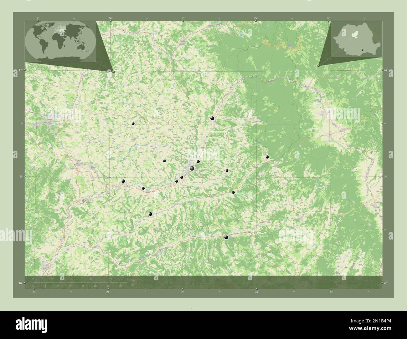 Mures, county of Romania. Open Street Map. Locations of major cities of ...