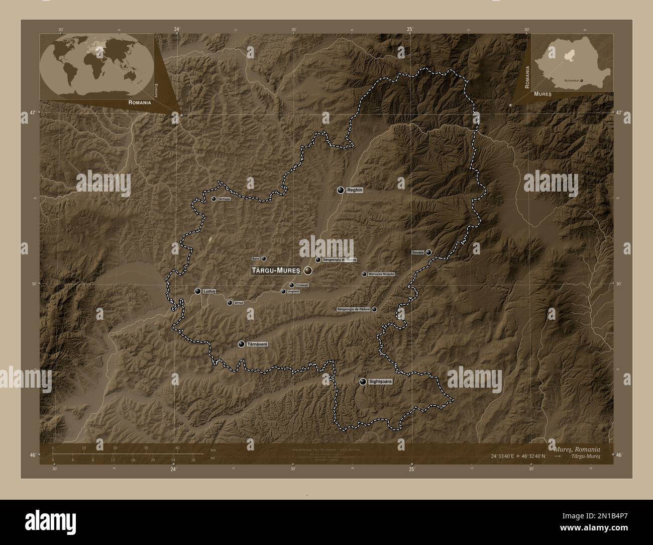 Mures, county of Romania. Elevation map colored in sepia tones with ...