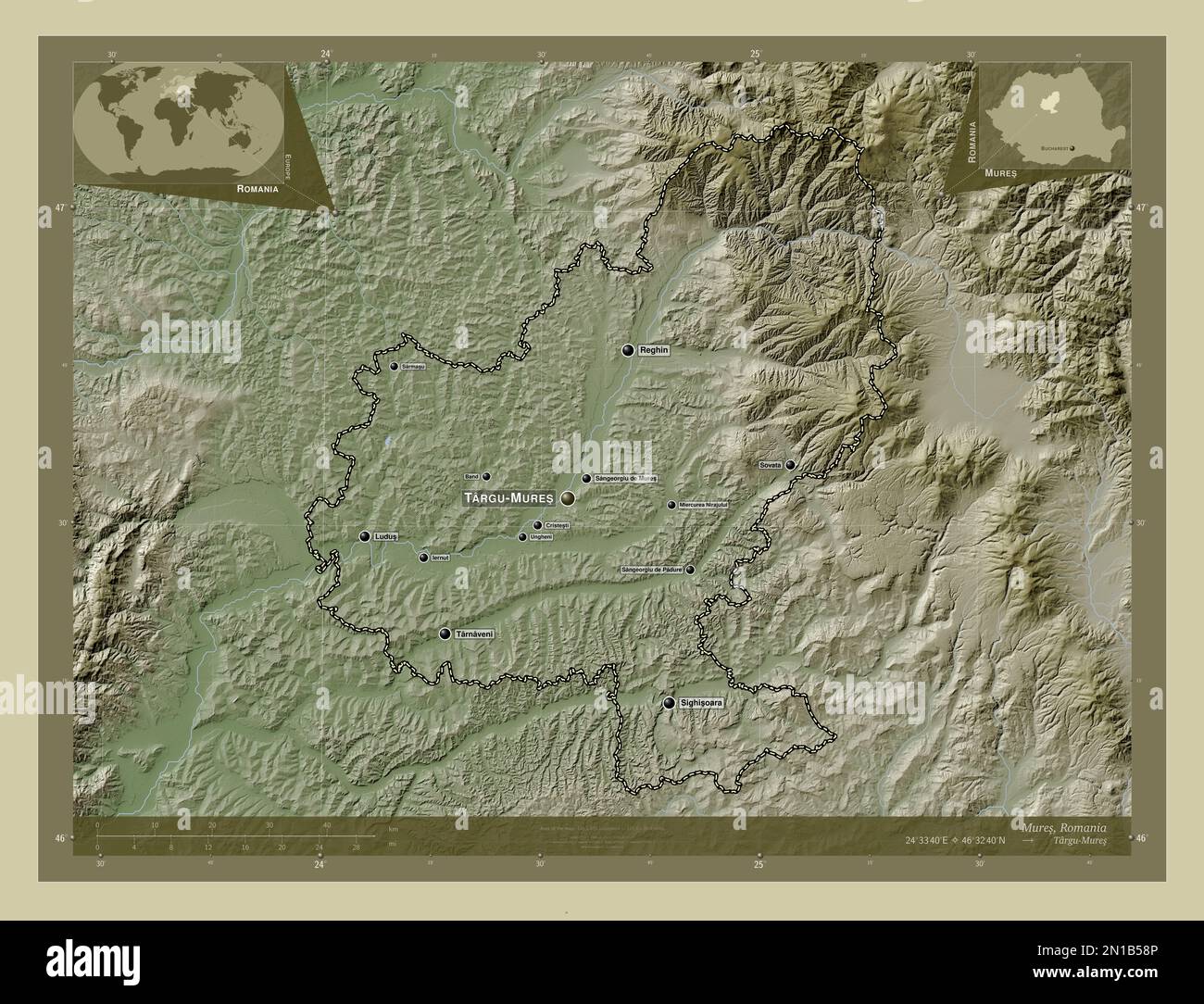 Mures, county of Romania. Elevation map colored in wiki style with ...