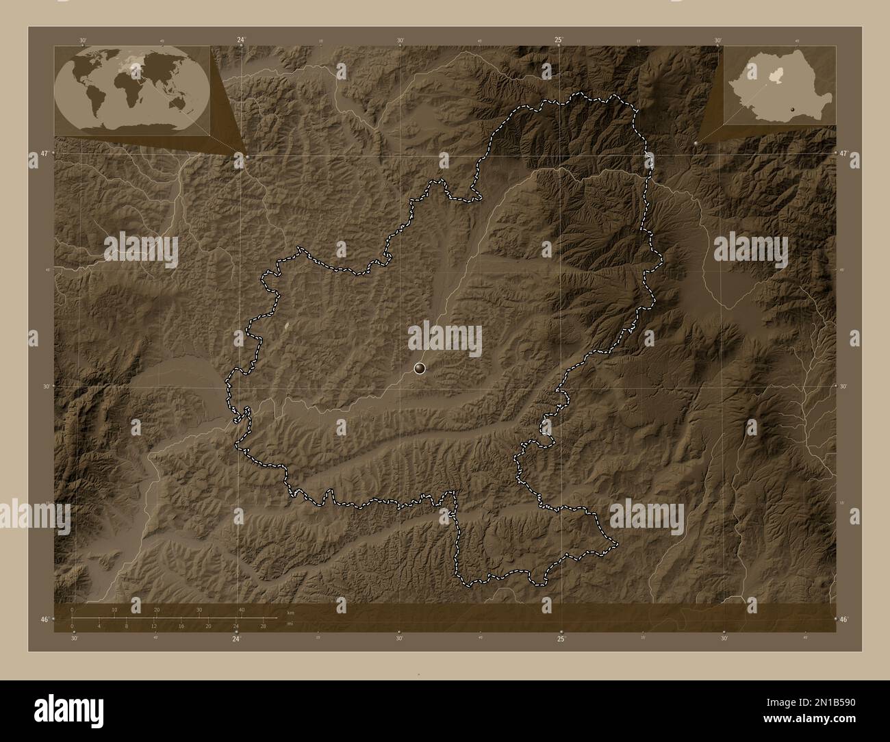 Mures, county of Romania. Elevation map colored in sepia tones with ...